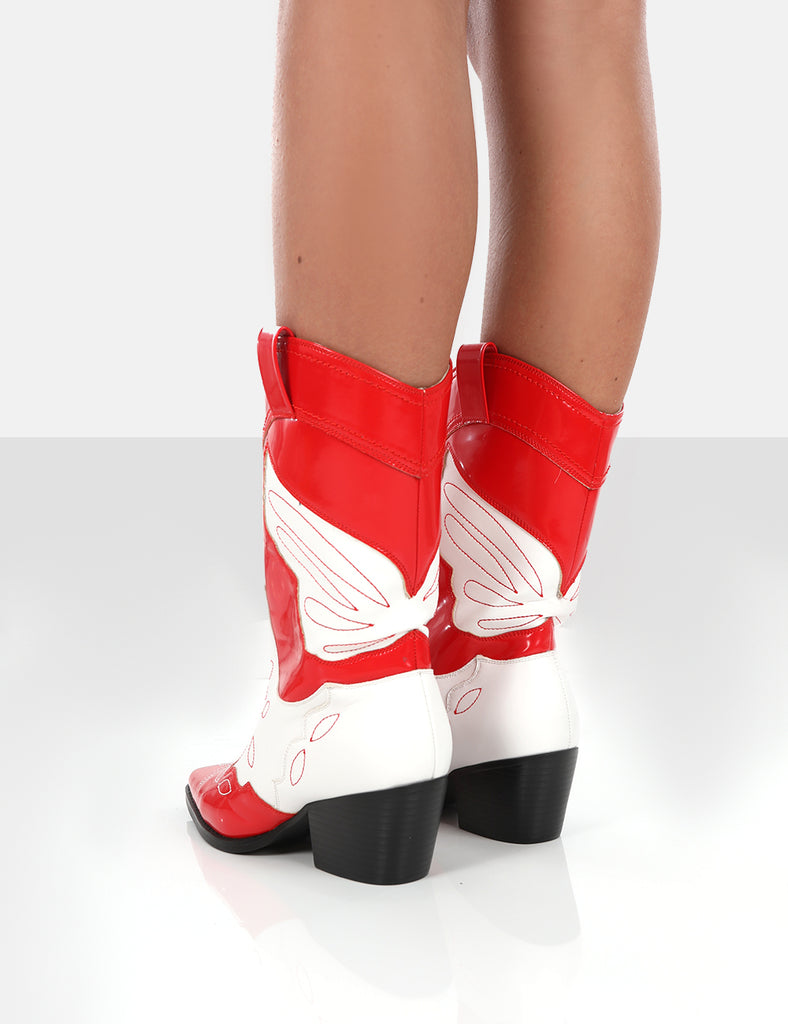 Howdy Red Patent Pointed Toe Western Cowboy Ankle Boots | Public Desire