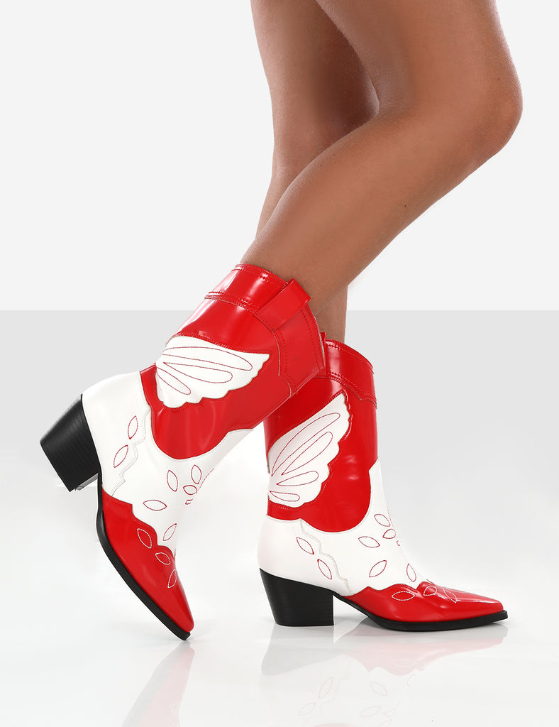 Howdy Red Patent Pointed Toe Western Cowboy Ankle Boots | Public Desire